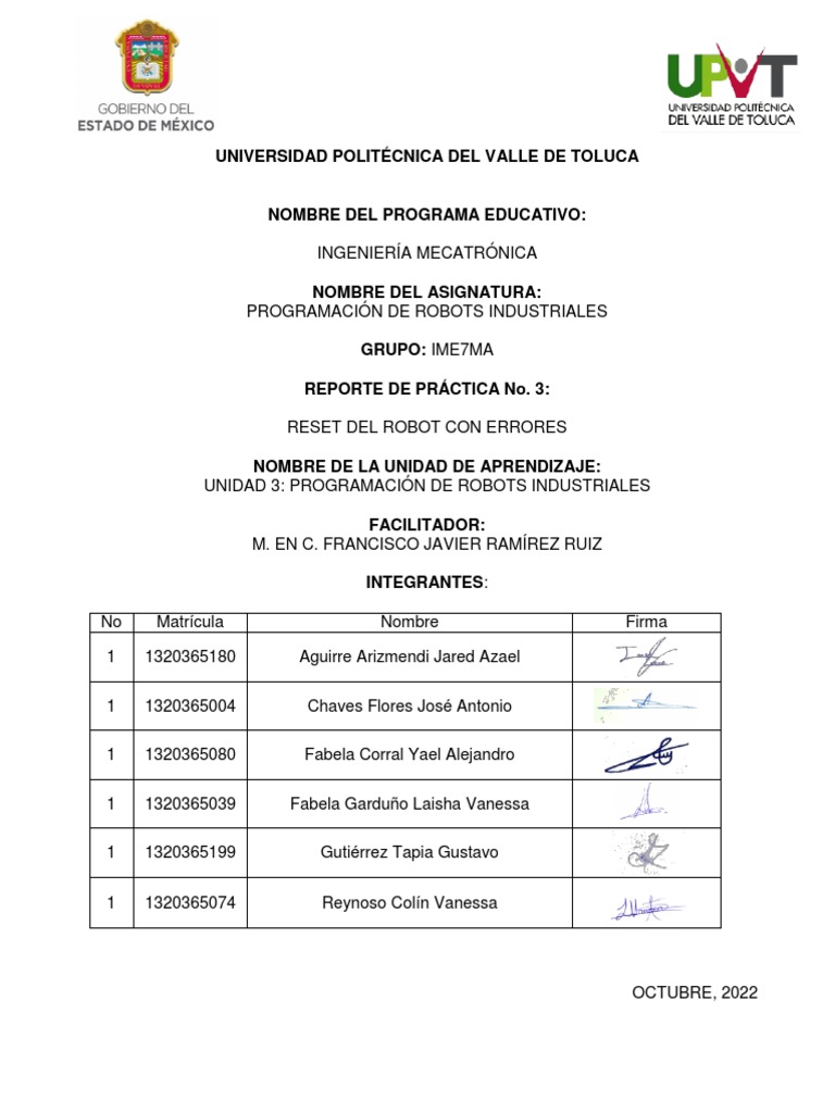 Reporte Practica 3 Reset RV2 | PDF | Robot | Robótica