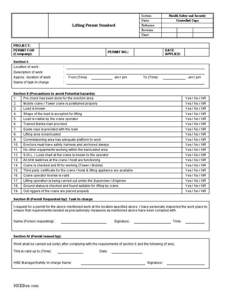 PTW - Lifting Permit | PDF | Crane (Machine) | Safety
