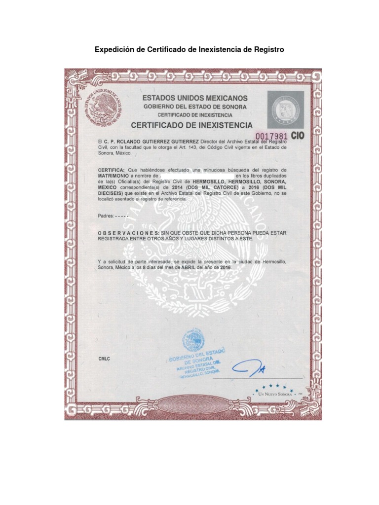 Expedición de Certificado de Inexistencia de Registro | PDF