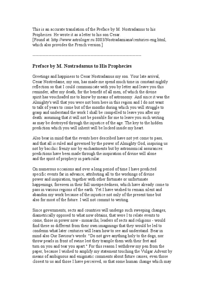 Nostradamus' Prophetic Letter | PDF | Prophecy | Prophet