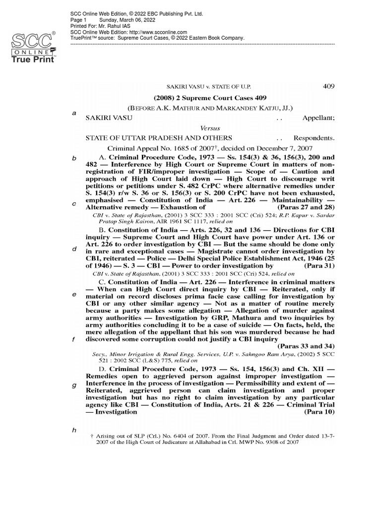 Sakiri Vasu v. State of U.P., (2009) 2 SCC 409 | PDF