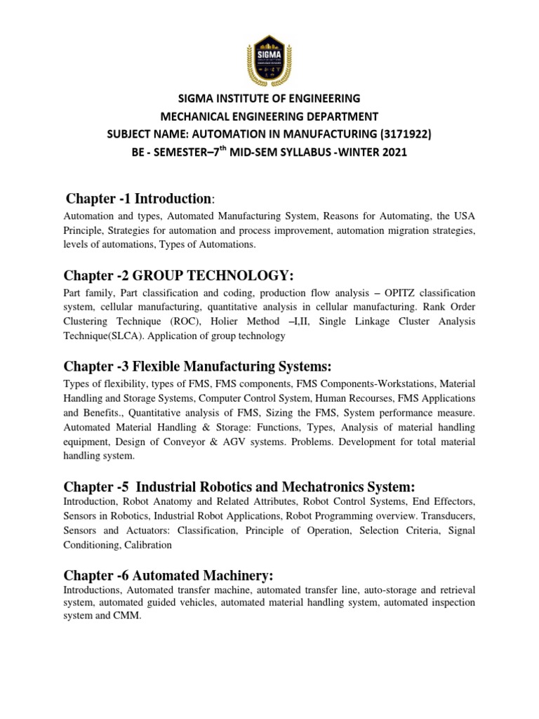 Automation in Manufacturing Syllabus | PDF