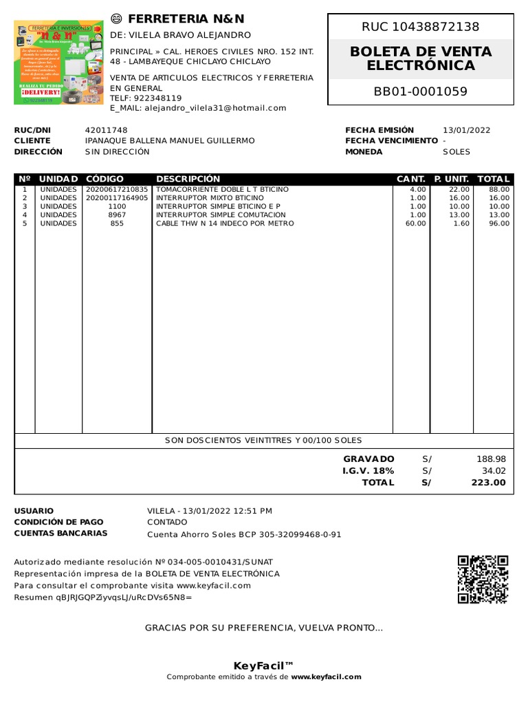 Boleta de Venta Electrónica: De: Vilela Bravo Alejandro | PDF