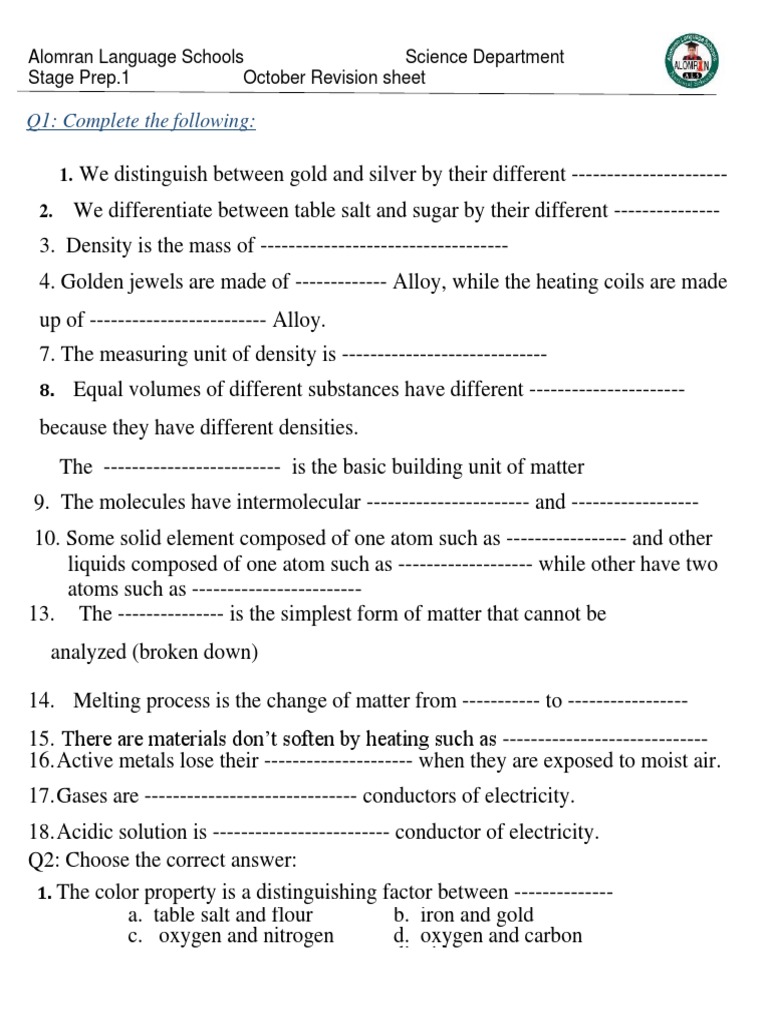 REvision Sheet October Prep1 | PDF | Alloy | Density