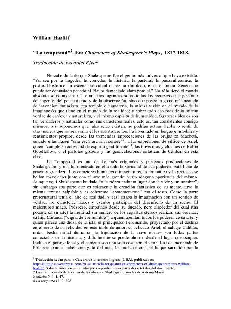 William Hazlitt. La Tempestad | PDF | William Shakespeare | La tempestad
