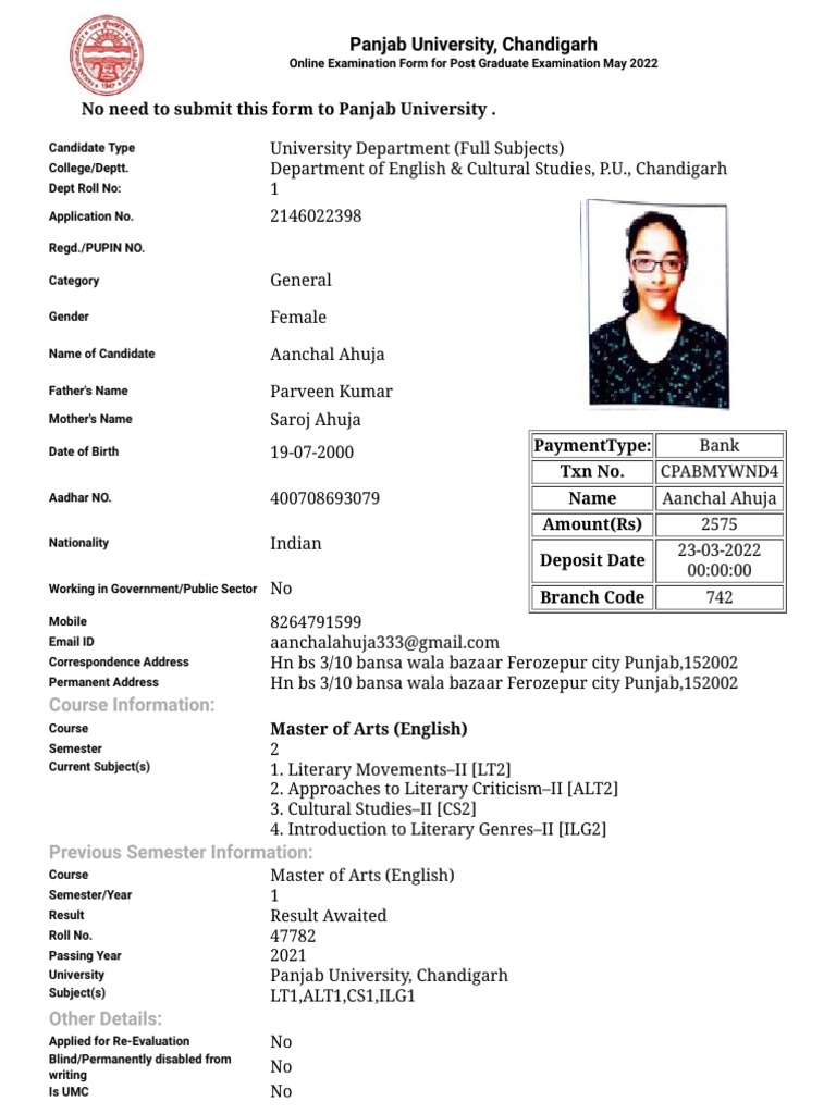 Pgexam - Puchd.ac - in StudentProfile - Aspx AppNo Ko0iJs ...