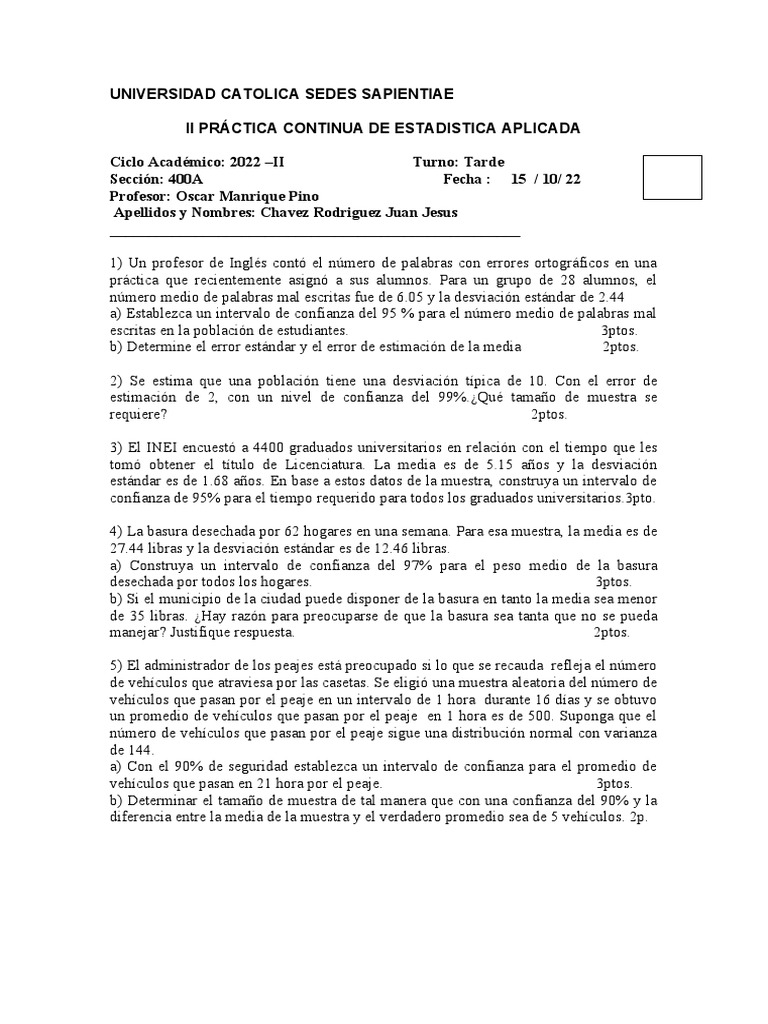 II Practica Continua Est. Aplicadaa 400A 2022-2 Chavez Juan | PDF | Desviación Estándar ...