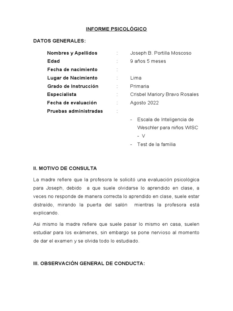 Informe Psicológico de Joseph Moscoso | PDF | Memoria | Sicología