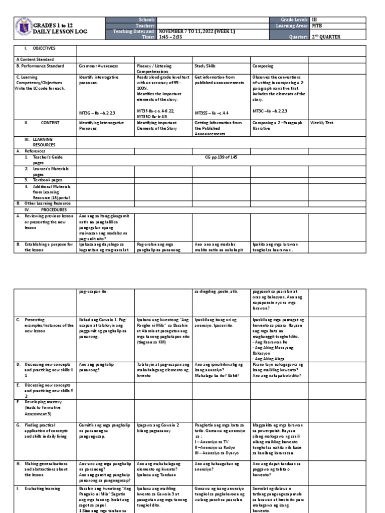 DLL - MTB 3 - Q2 - W1 | PDF