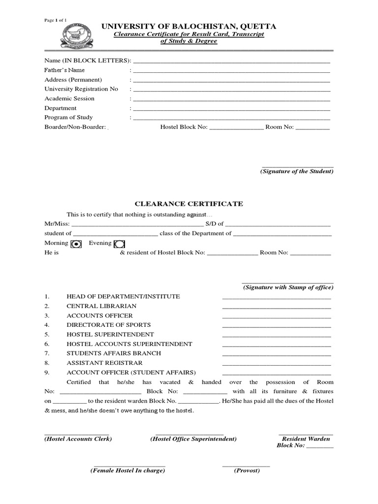 UoB Clearance Certificate For Result Card Transcript of Study Degree | PDF