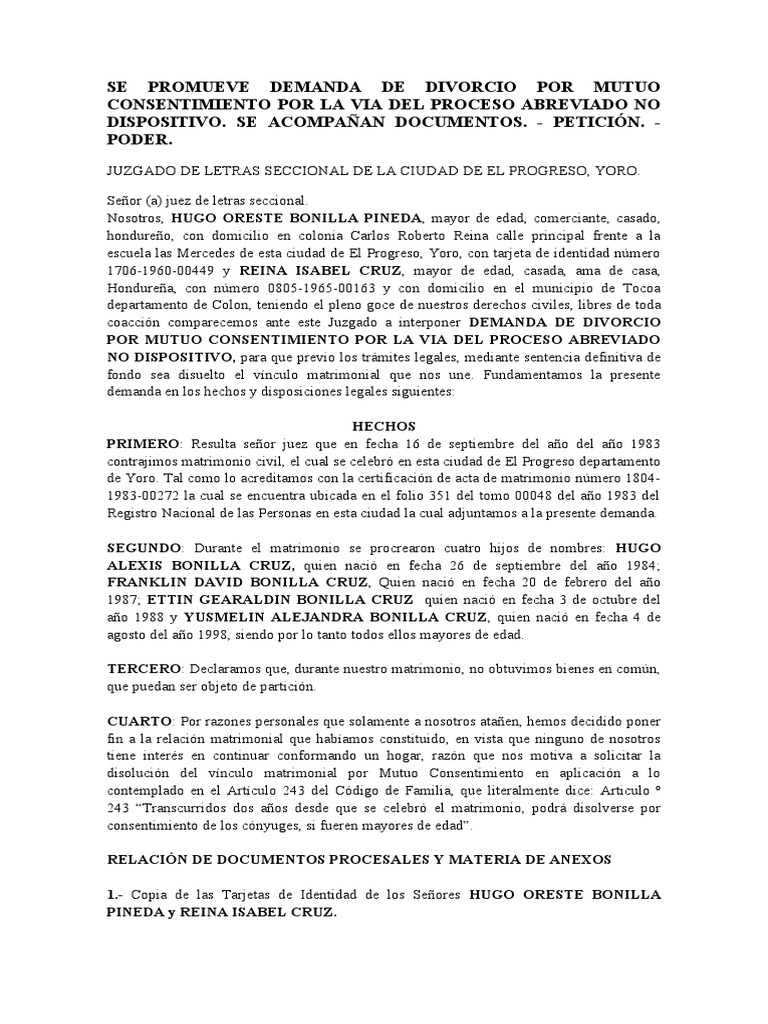 Demanda de Divorcio de Hugo Bonilla | PDF | Divorcio | Demanda judicial