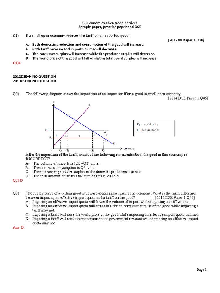 DSE Past Paper S6 CH 24 Trade Barriers | PDF | Tariff | Economic Surplus