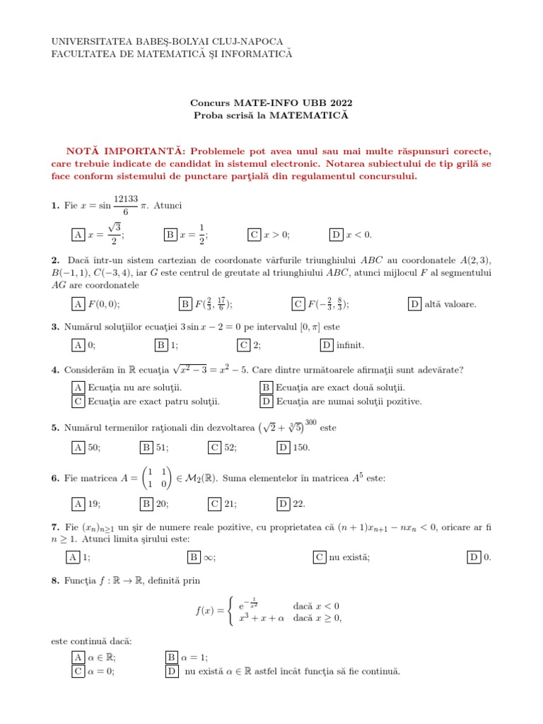 2022 Concurs Subiect Matematica UBB | PDF