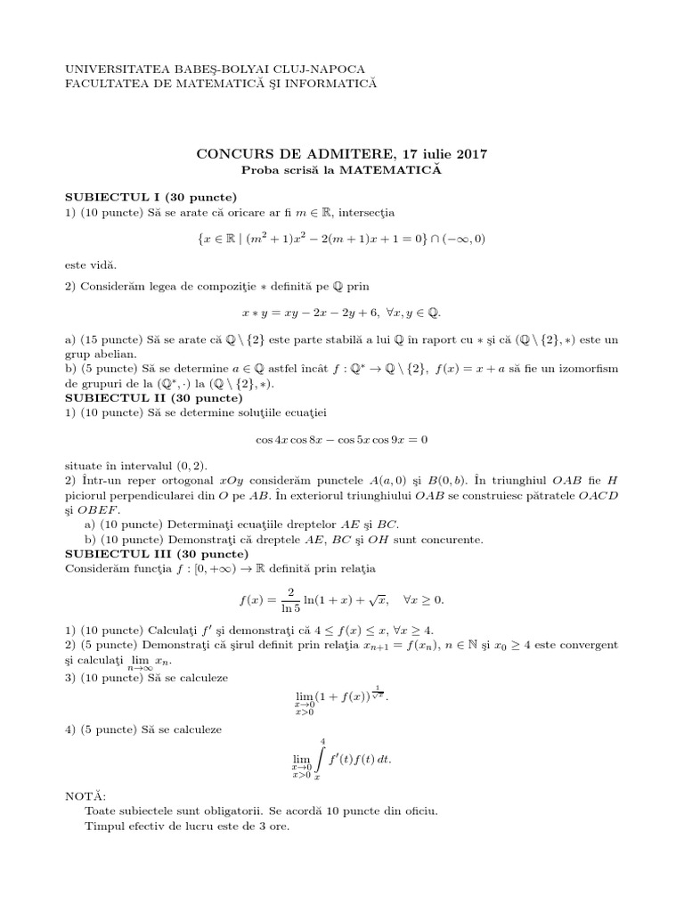 2017 Admitere Subiect Matematica Iulie | PDF