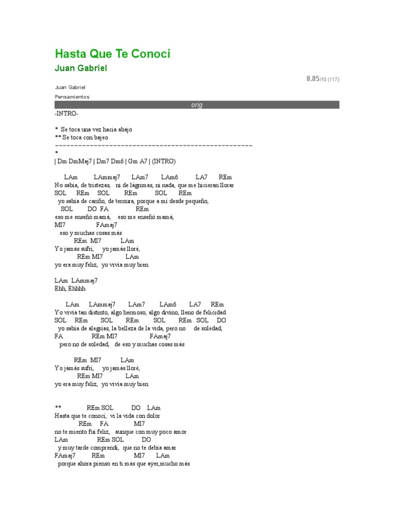 Acordes y letra de "Hasta que te conocí" | PDF