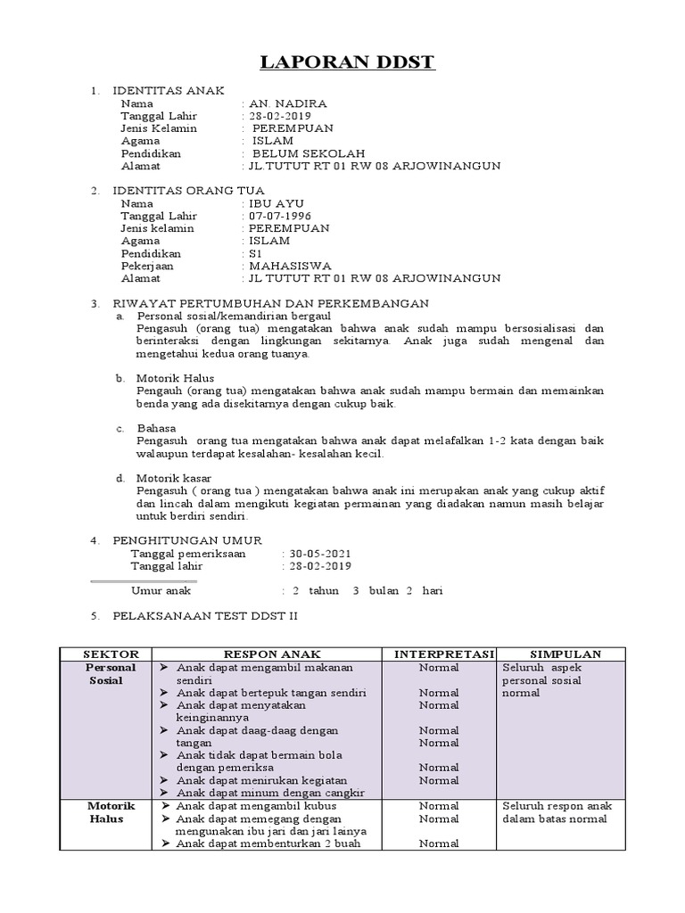 Contoh Laporan Pemeriksaan DDST New | PDF