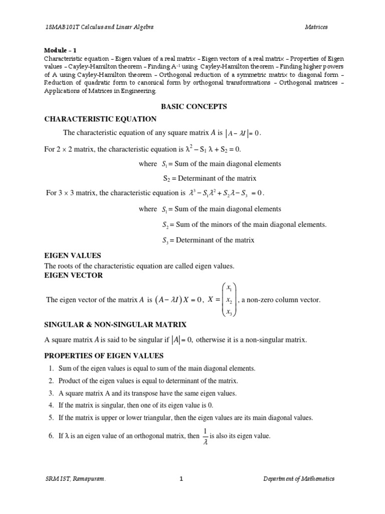 Unit 1 - Matrices | PDF | Eigenvalues And Eigenvectors | Matrix (Mathematics)