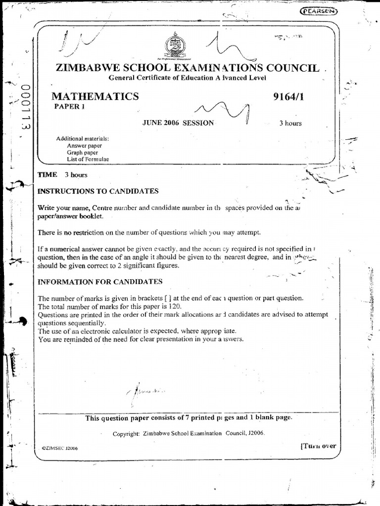 Zimsec June 2006 A Level Maths Paper 1 | PDF