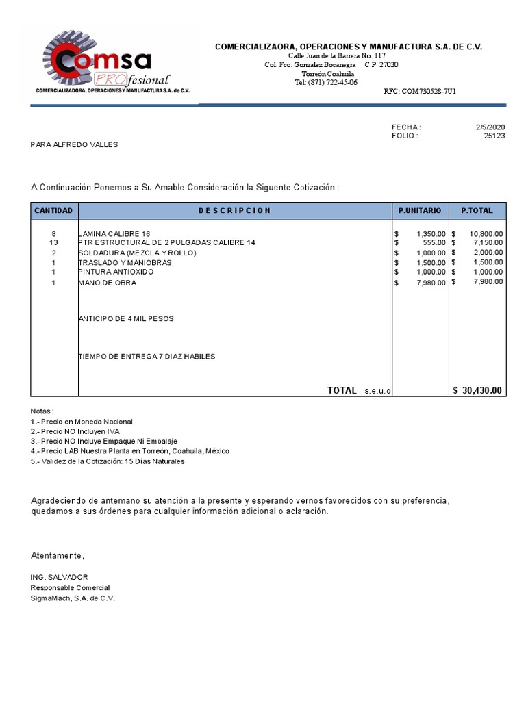 Cotizacion COMSA | PDF