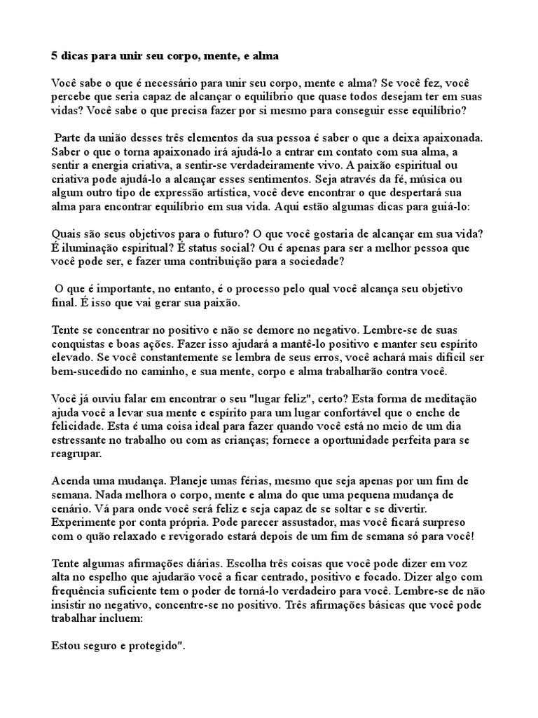 5 Dicas Para Unir Seu Corpo Mente E Alma Download Grátis Pdf Mente