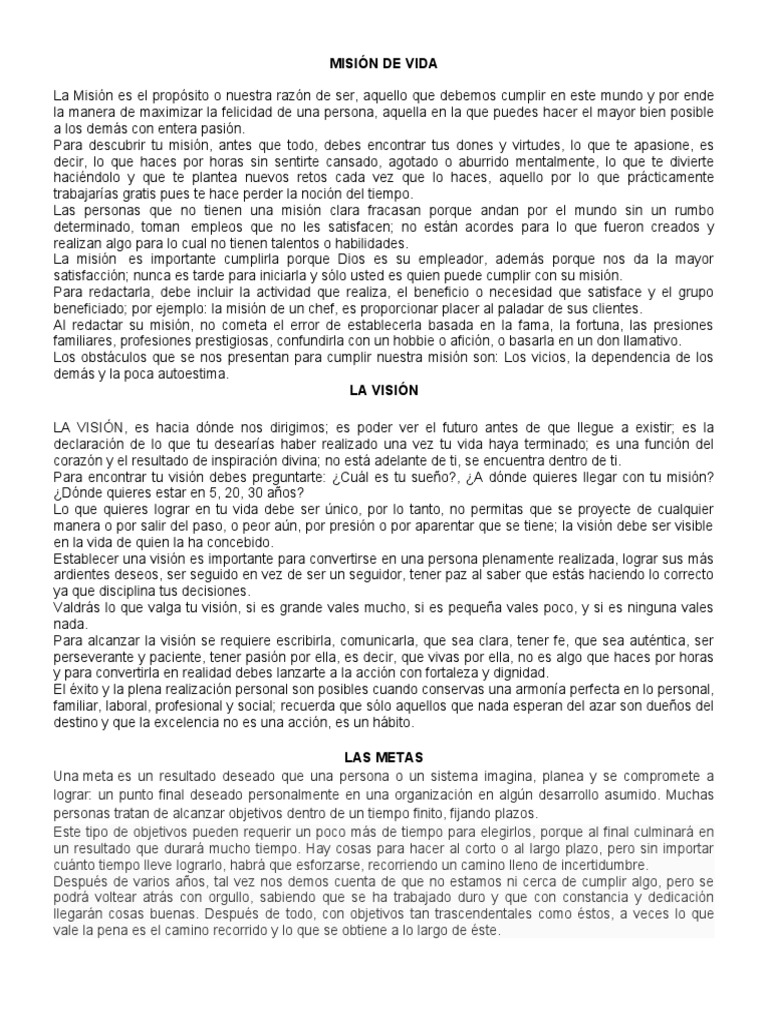 Misión, Vision y Metas de Vida | PDF