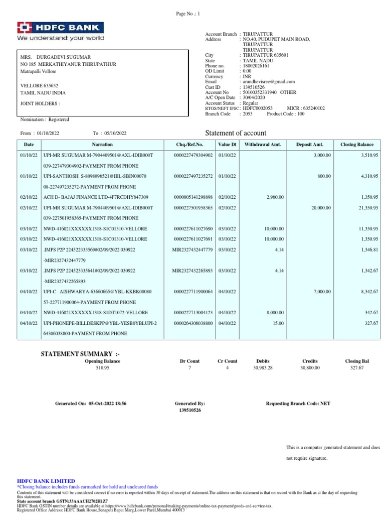 October 2022 Bank Statement Summary | PDF | Financial Services | Banking