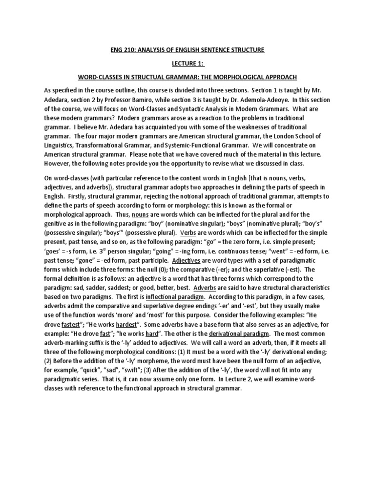 Eng210 Lecture Note Week 1 | PDF | Morphology (Linguistics) | Part Of Speech