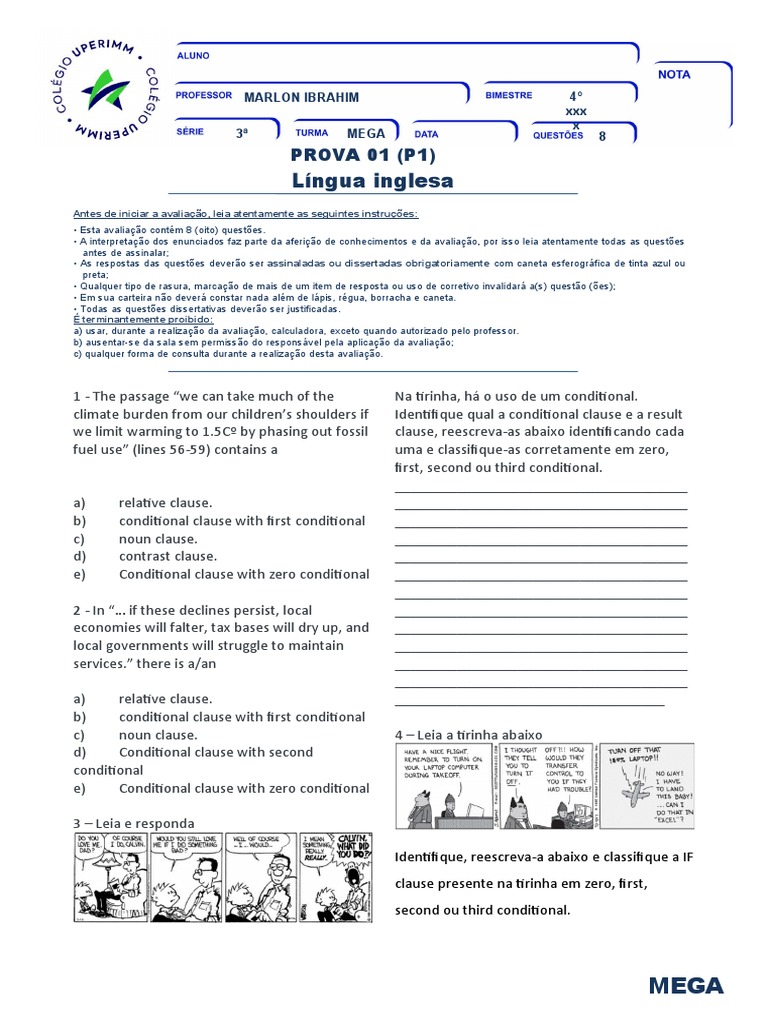 PROVA 3º MEGA - p1 - 4º Bimestre | PDF