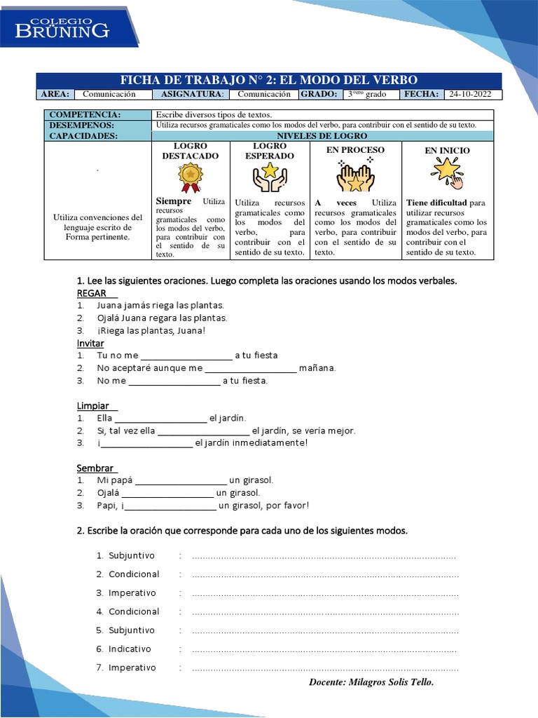 Comunicación-Ficha de Trabajo - Los Modos Del Verbo | PDF | Verbo ...