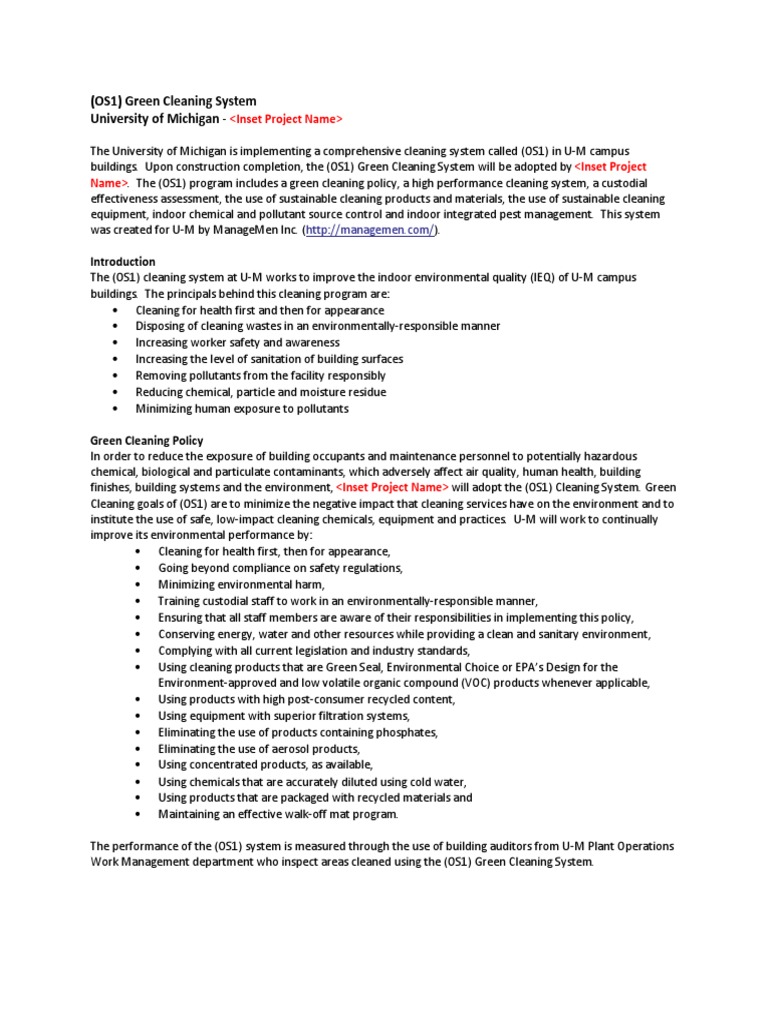 Os1 Green Cleaning System | PDF | Housekeeping | Hand Washing