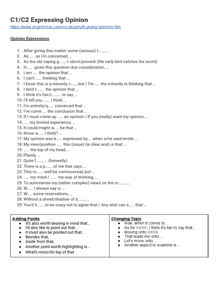 C1 C2 Expressing Opinion STS | PDF