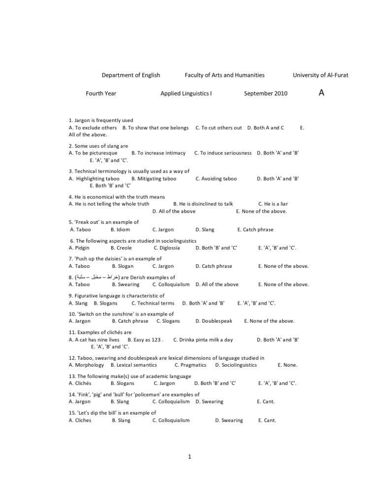 Linguistics Exam Questions and Answers | PDF | Psycholinguistics | Jargon