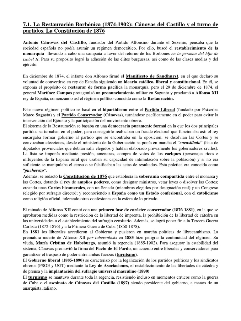 7.1. La Restauración Borbónica (1874-1902) - Cánovas Del Castillo y El Turno de Partidos. | PDF ...