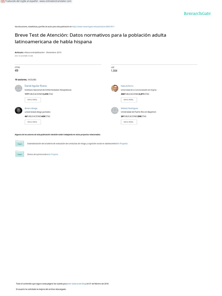 Brief Test of Attention Español | PDF | Regresión lineal | Trastorno mental