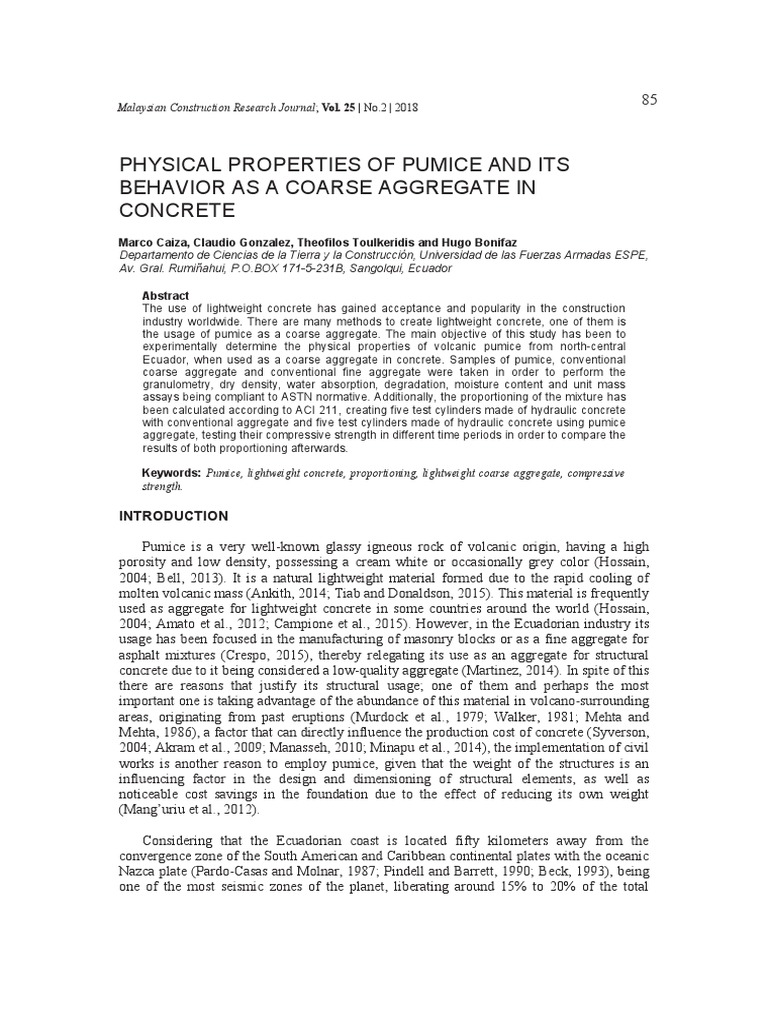Physical Properties of Pumice and Its Behavior As A Coarse Aggregate in ...