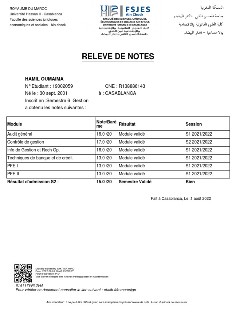 Relevé de notes universitaire UHC | PDF | Services financiers
