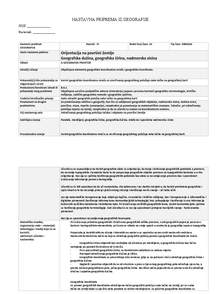 NASTAVNA PRIPREMA IZ GEOGRAFIJE - Prijedlog | PDF