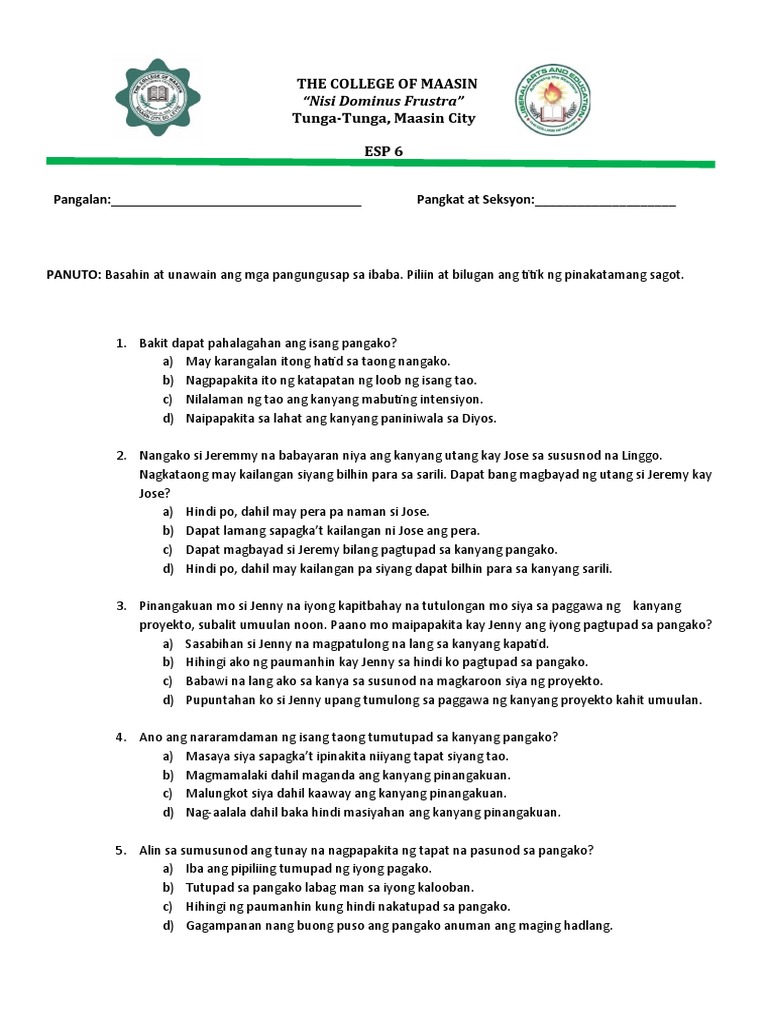 Pagtupad Sa Mga Pangako - Worksheet | PDF