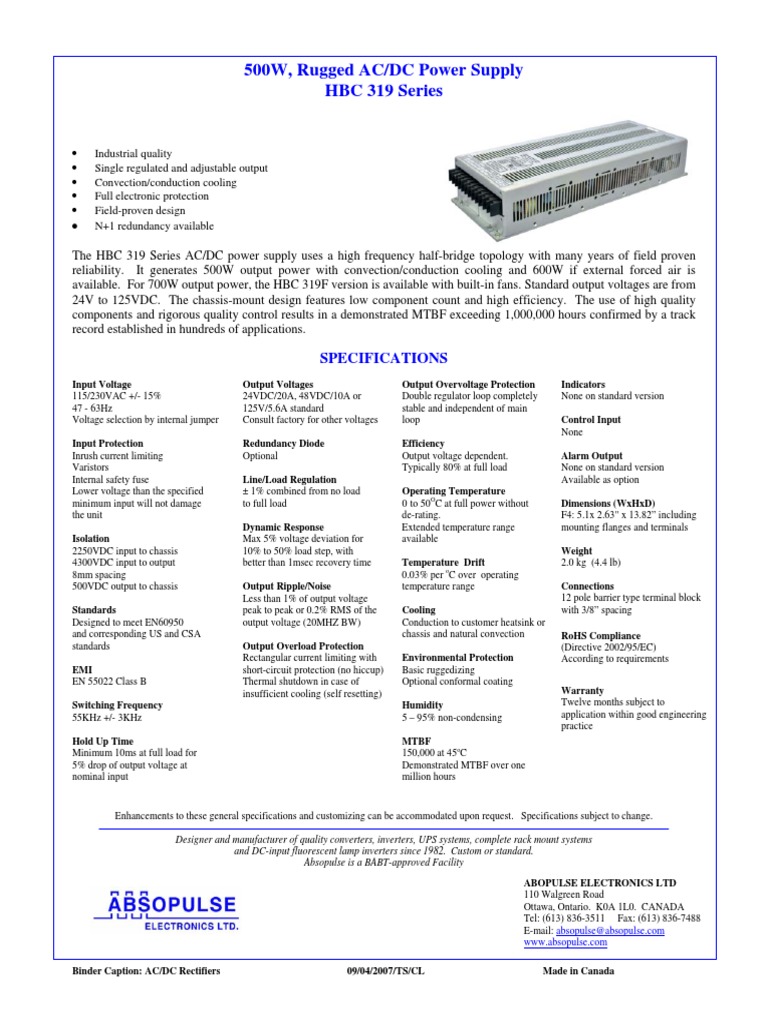 Rugged 500W AC/DC Power Supply with Adjustable Output Voltage, High Efficiency, and Over 1 ...