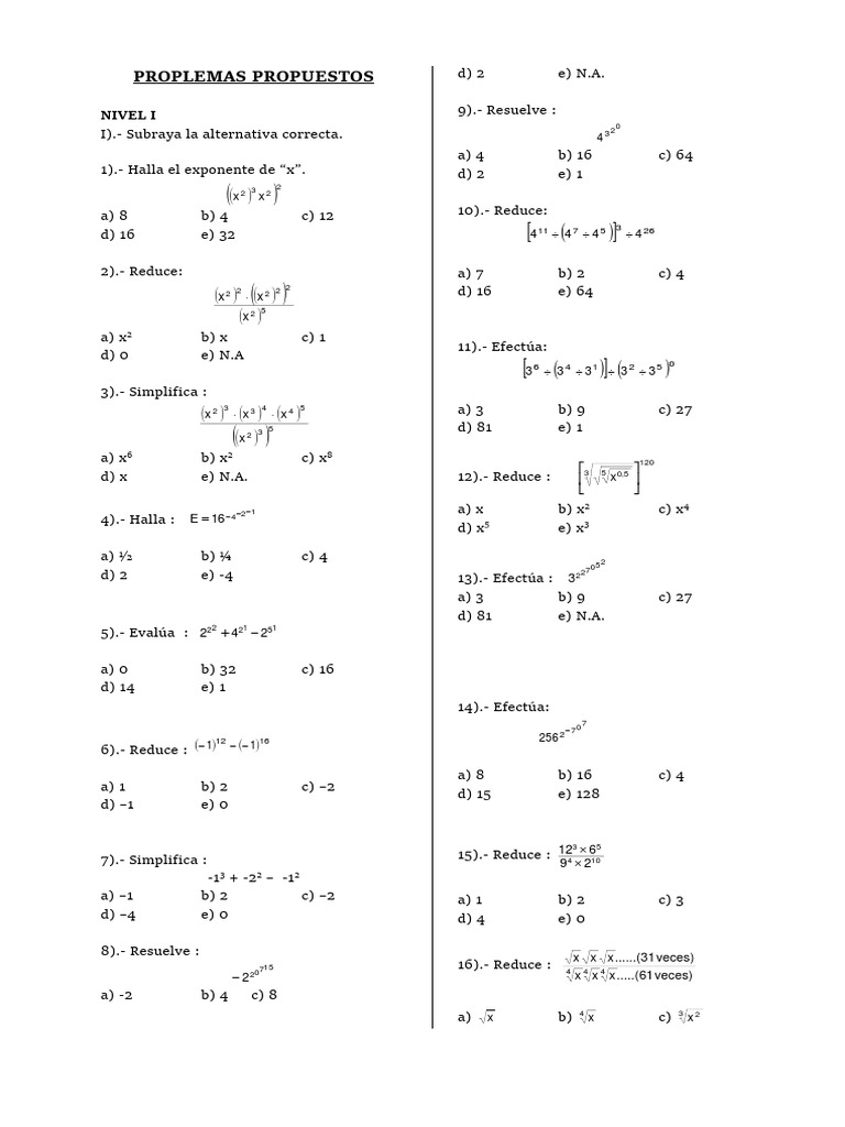 Ejercicios de Teoría de Exponentes para Primero de Secundaria | PDF