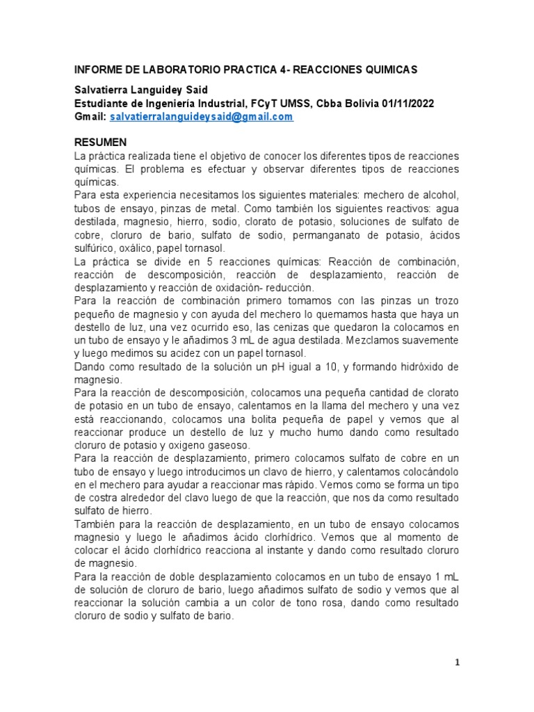 Informe De Laboratorio Practica 4 Pdf Reacciones Químicas Redox