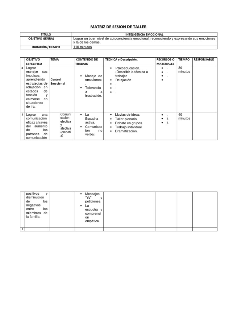 Matriz de Sesion de Taller | PDF