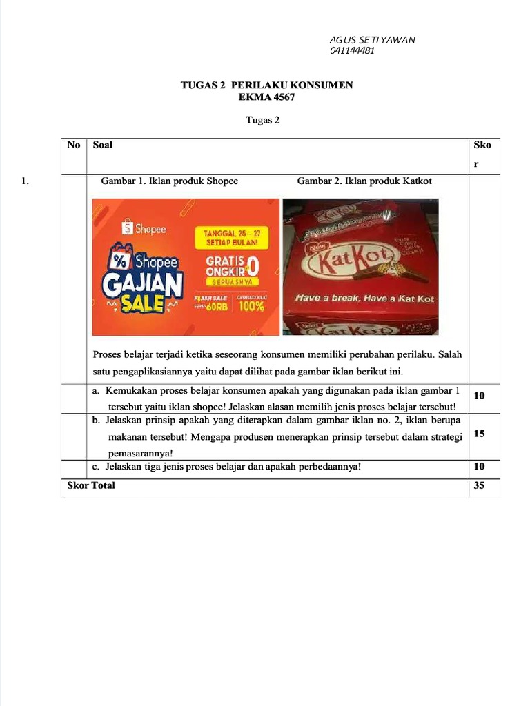 PDF Perilaku Konsumen Tugas 2 Agus Setiyawan 041144481 - Compress | PDF
