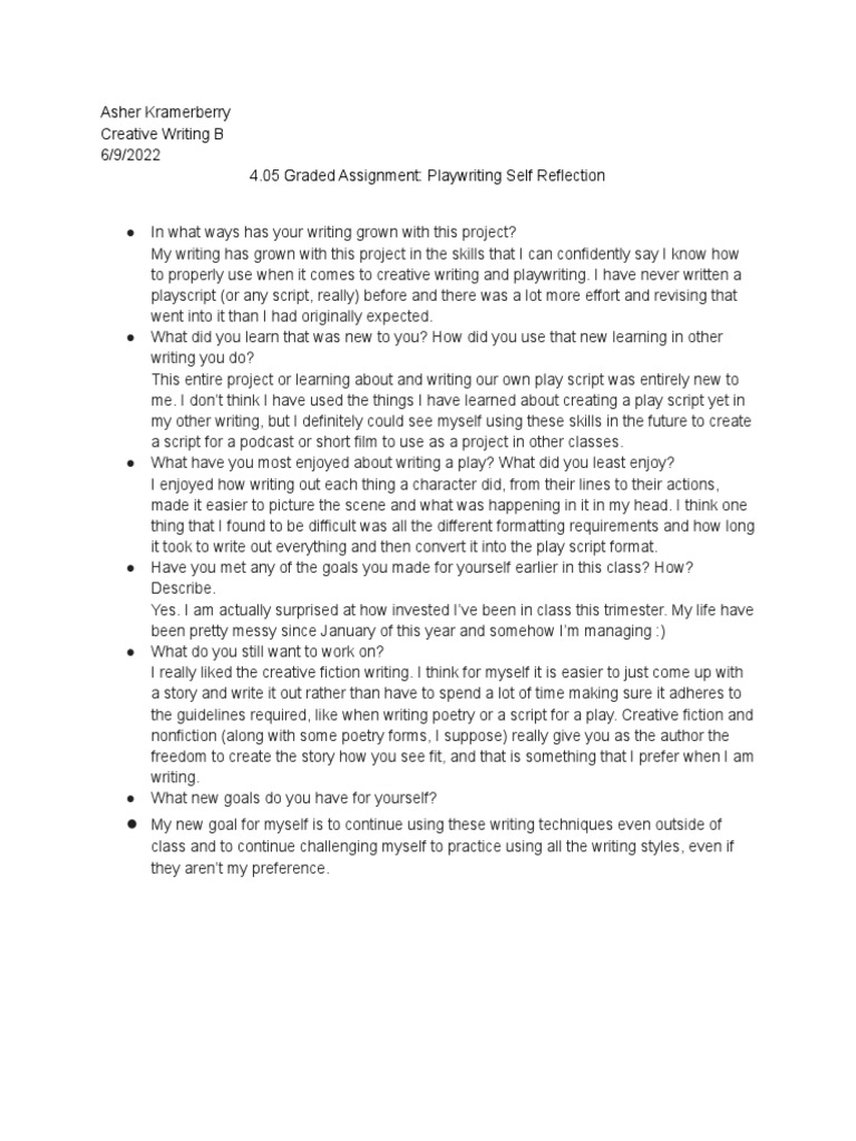 4.05 Graded Assignment - Playwriting Self Reflection | PDF