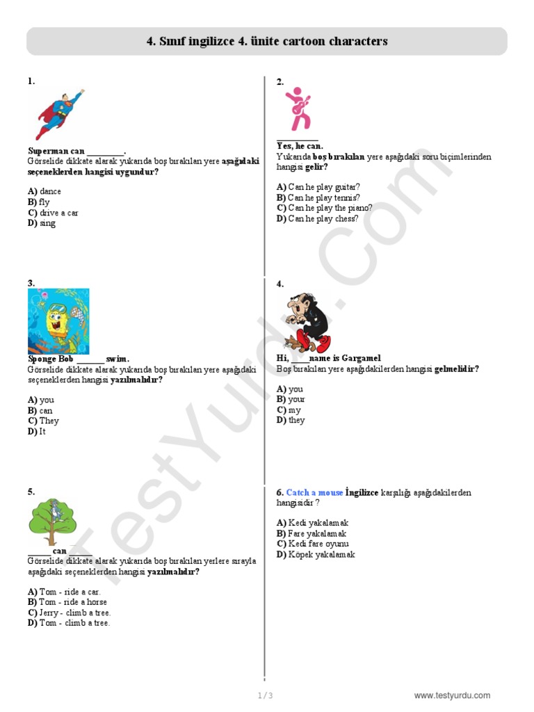 4 Sinif Ingilizce 4 Unite Cartoon Characters | PDF
