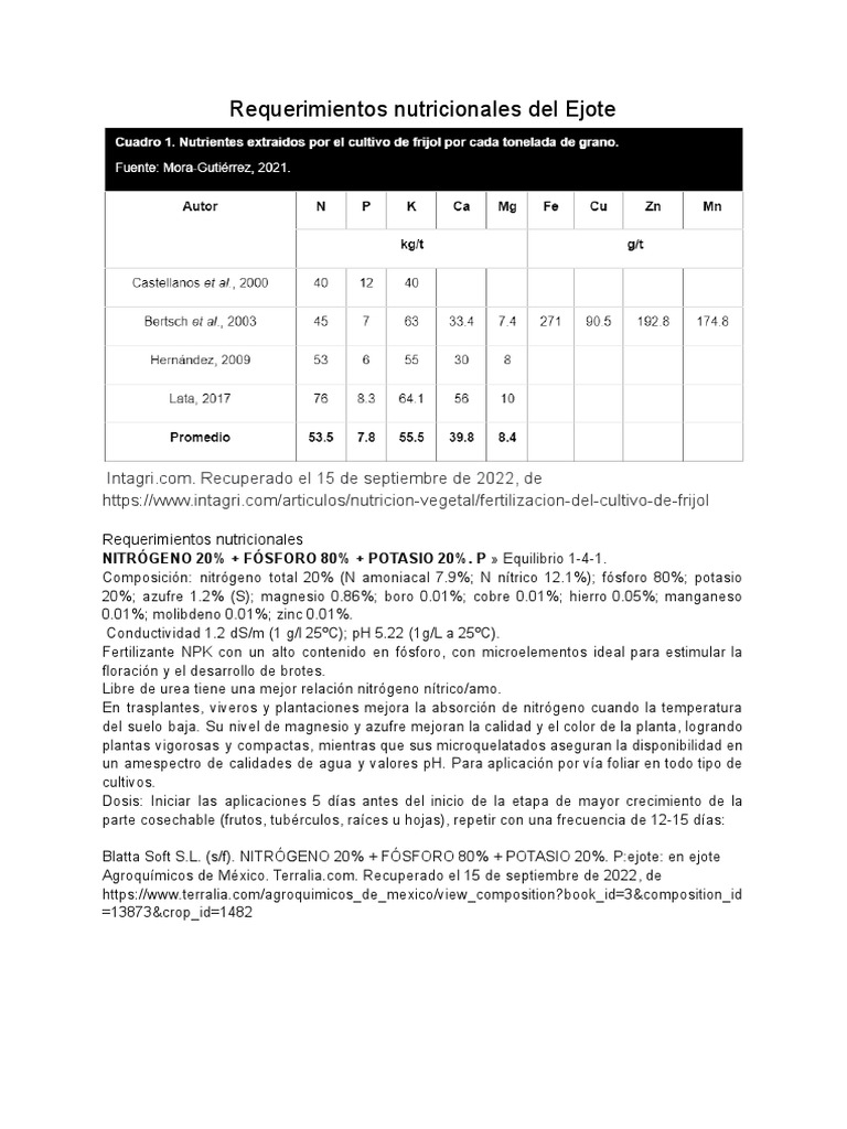 Requerimientos Nutricionales del Ejote | PDF | Química | Ciencias fisicas