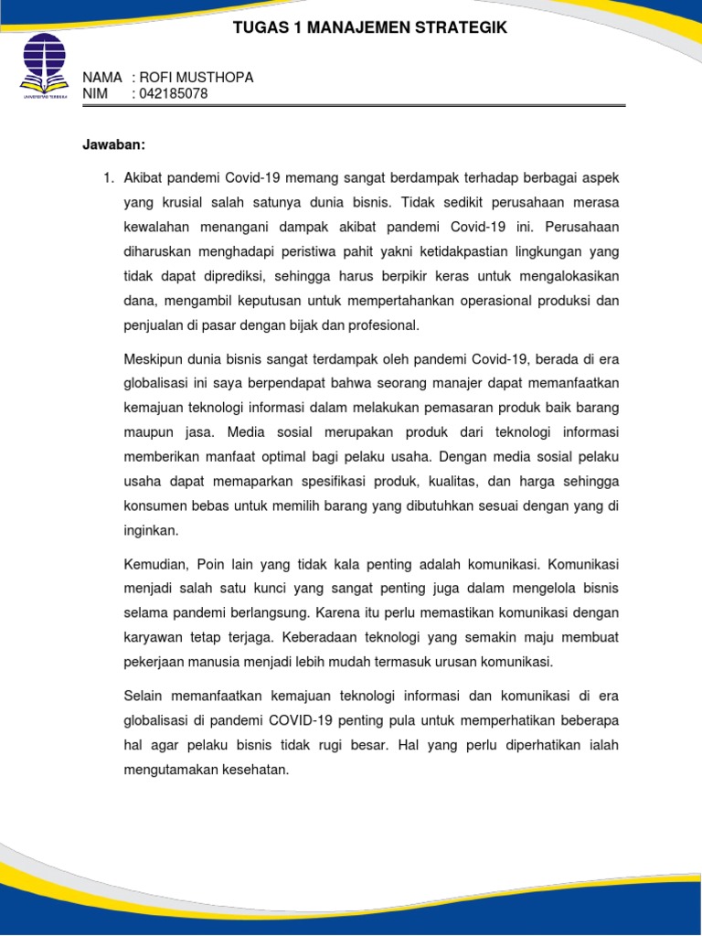 Jawaban Tugas 1 Manajemen Strategik | PDF