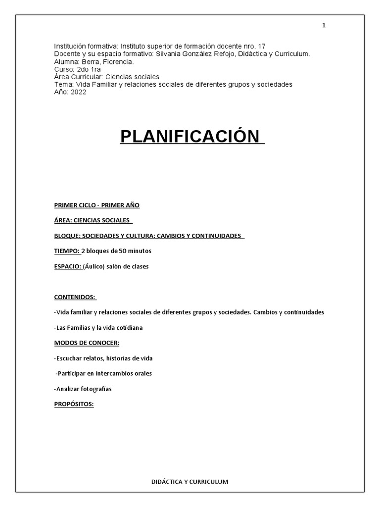 PLANIFICACION DE CURRICULUM - Las Familias y La Vida Cotidiana | PDF ...