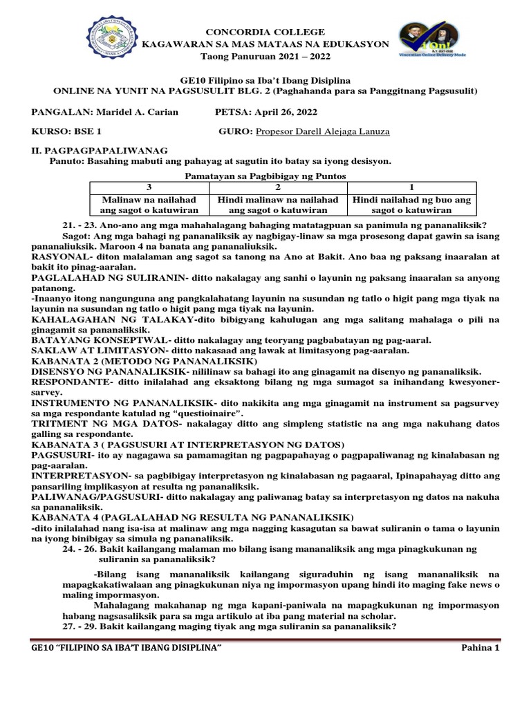 Ge10 "Filipino Sa Iba'T Ibang Disiplina" Pahina 1 | PDF