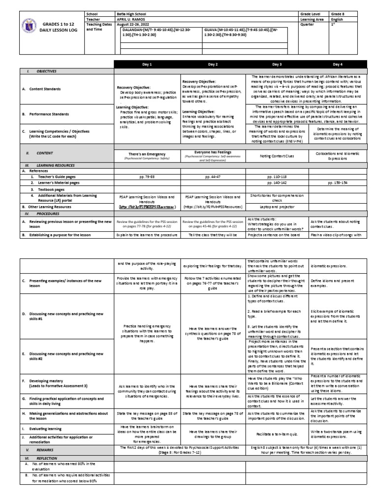 DLL WK1 Eng8 Aug.22 26 | PDF | Learning | Teachers